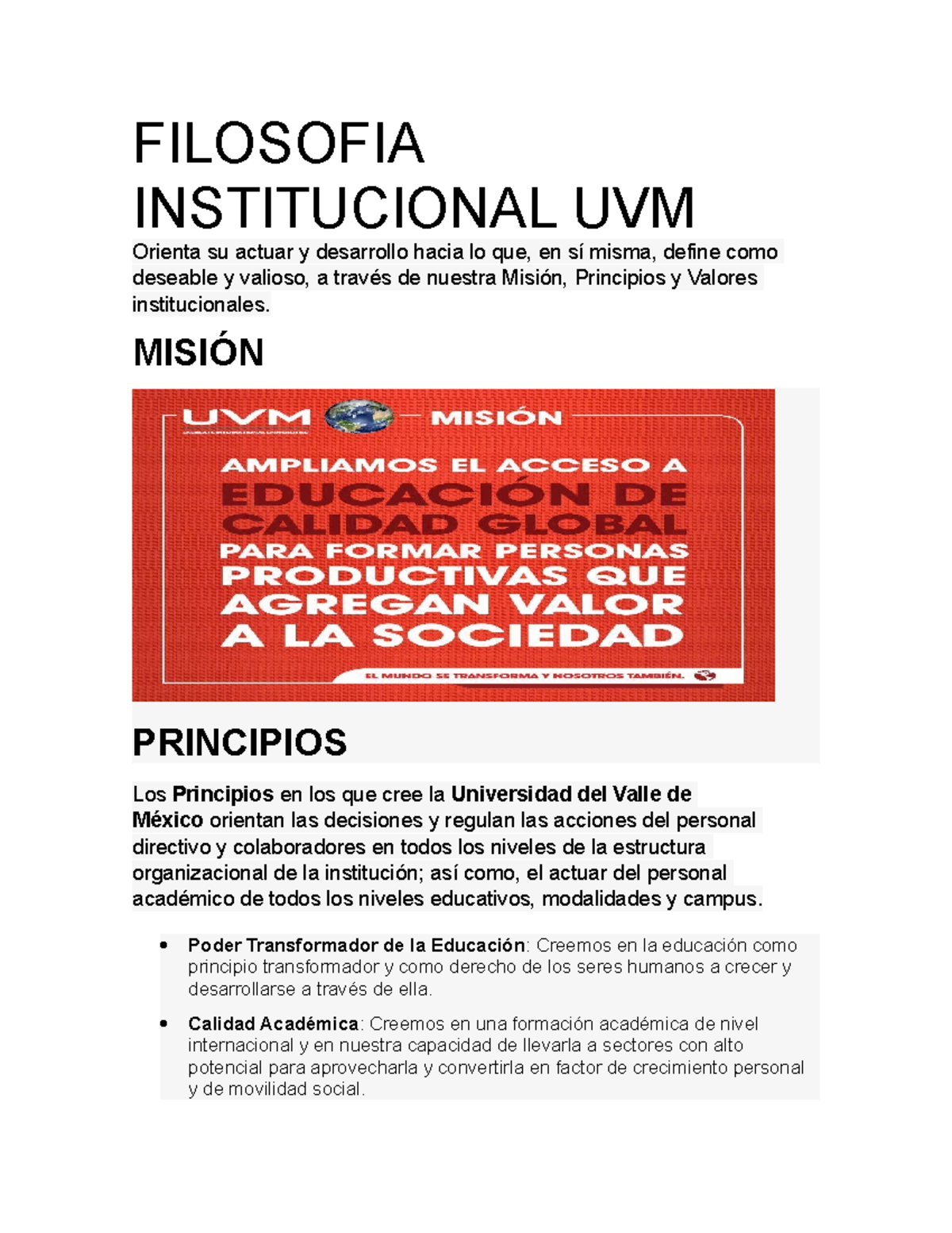 Filosofia Institucional UNIVERSIDAD DEL VALLE DE MEXICO - FILOSOFIA ...