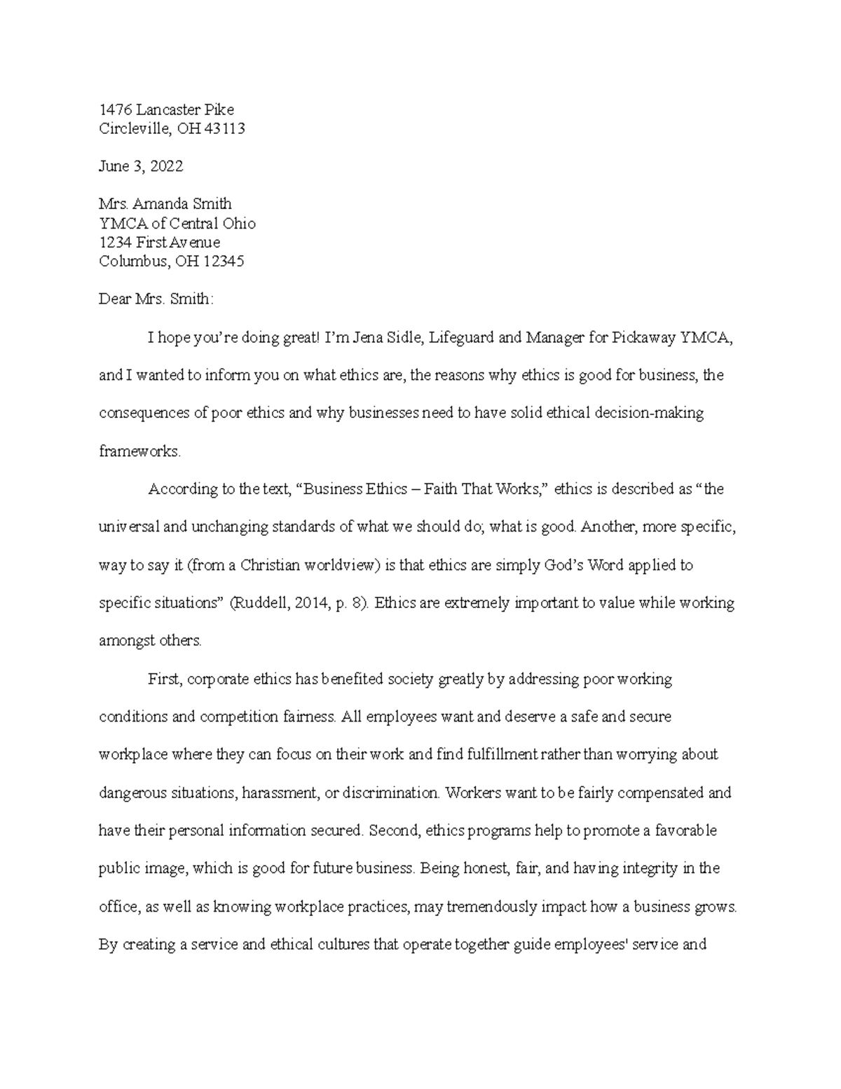 WK1 Business Ethics Formal Business Letter - 1476 Lancaster Pike ...