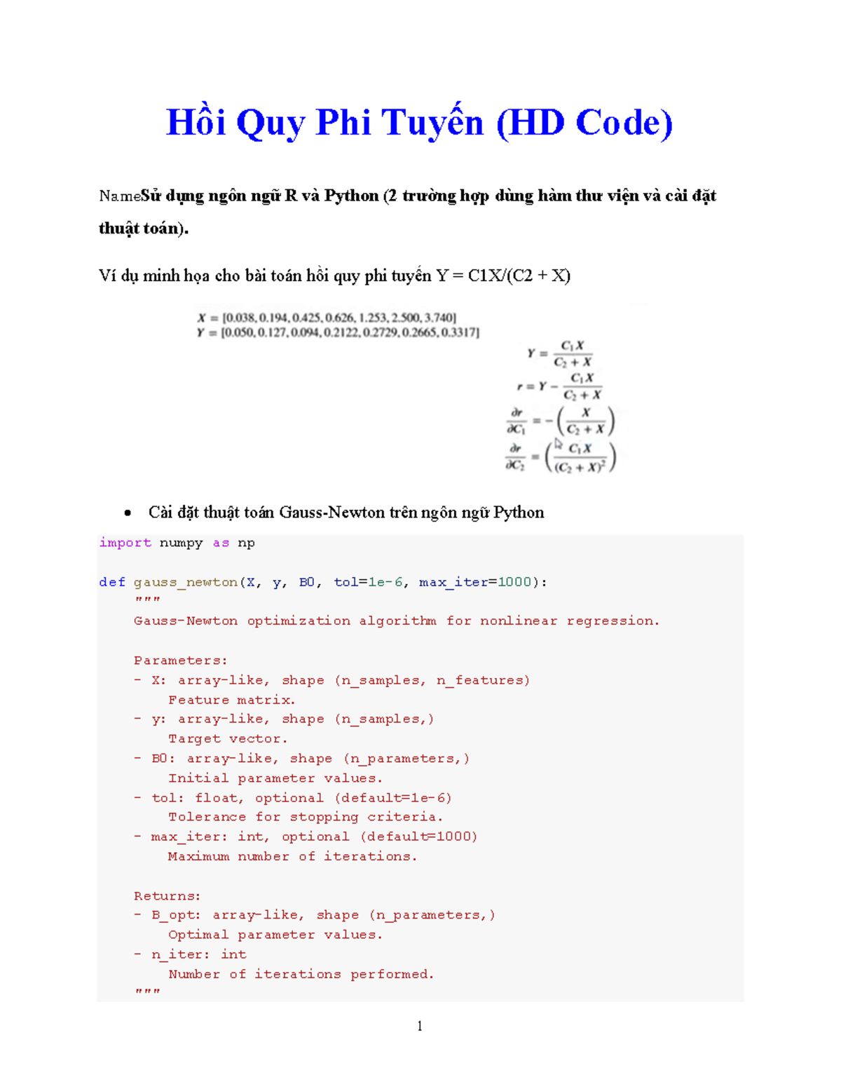 Gauss Newton Hướng dẫn code - Hồi Quy Phi Tuyến (HD Code) NameSử dụng ngôn ngữ R và Python (2 ...