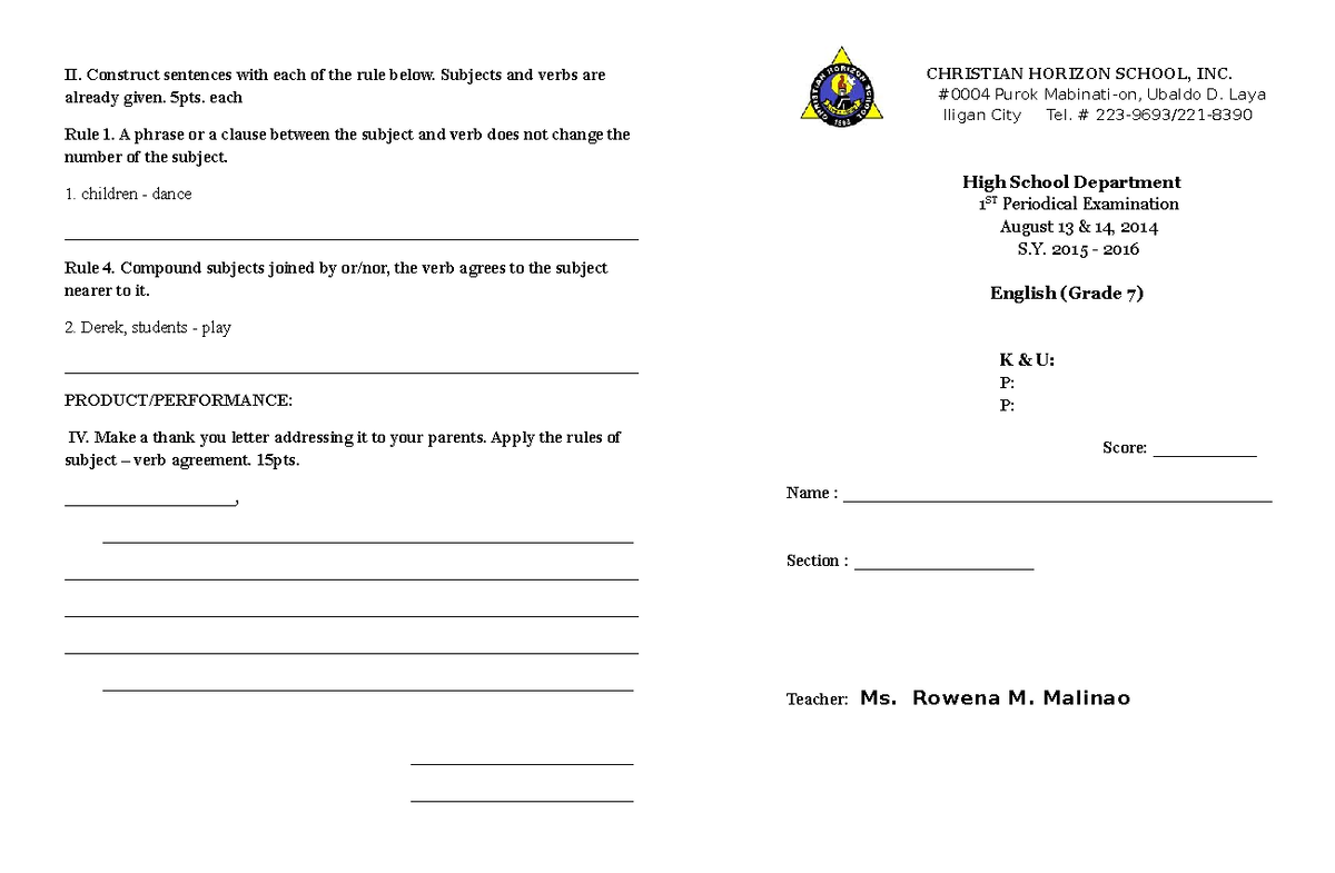 Grade 7 English Assessment II Construct Sentences With Each Of The