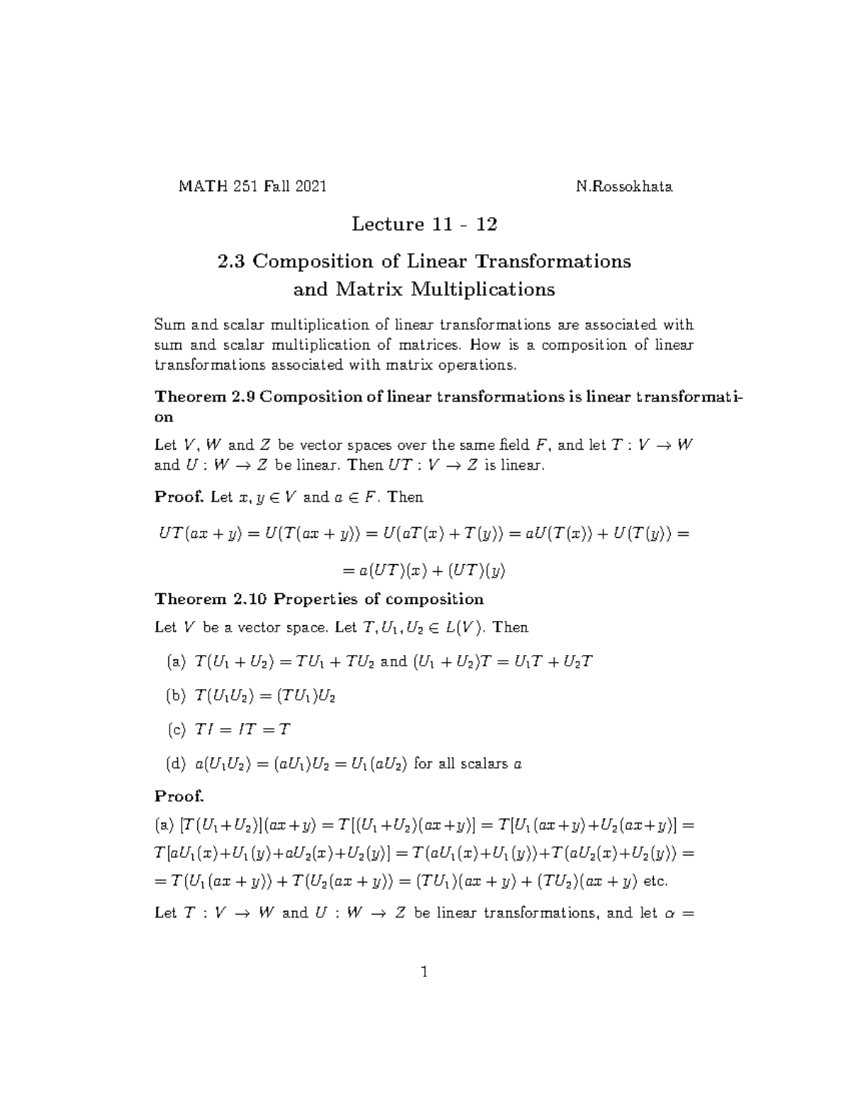 Lecture 11 - 12 MATH 251 Notes - MATH 251 Fall 2021 N Lecture 11 - 12 2 ...