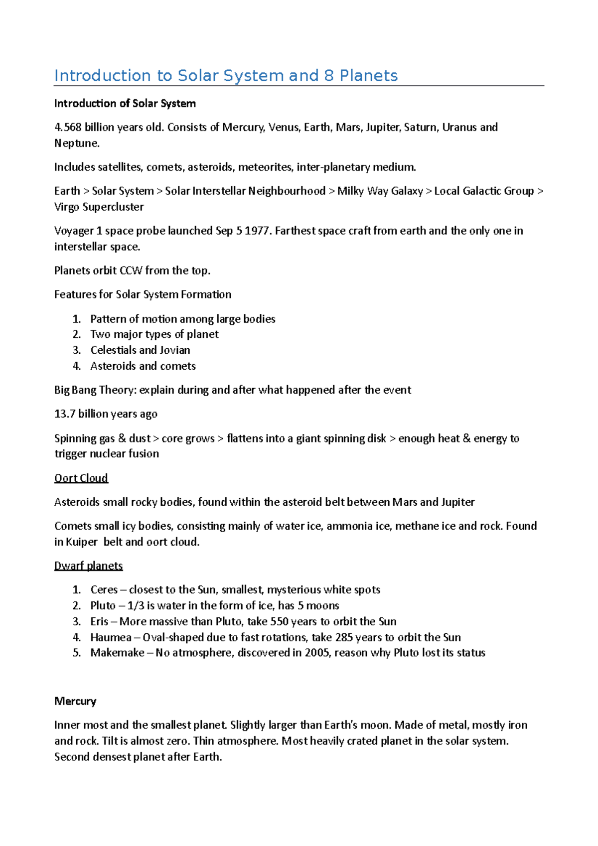 EE8086 Astro Notes - Introduction to Solar System and 8 Planets ...