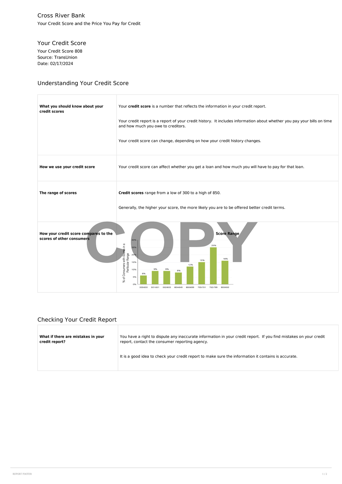 Credit Score Notice Agreement - REPORT FOOTER 1 / 2 Cross River Bank ...