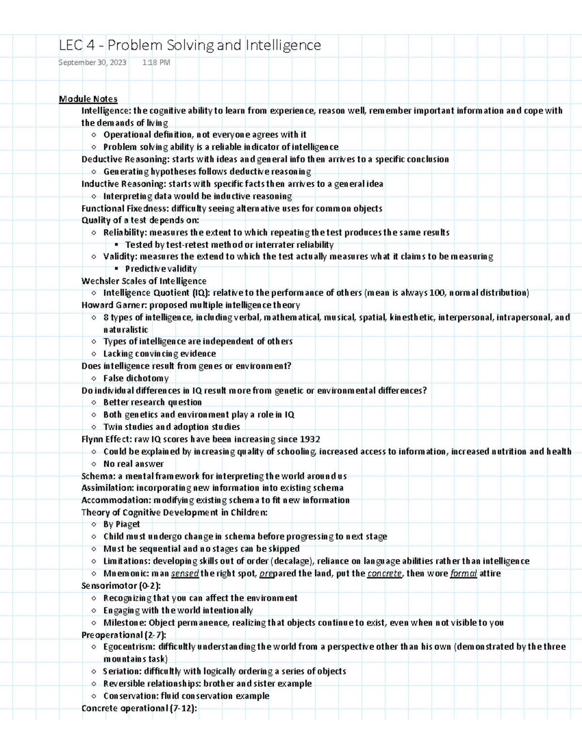 Psych notes - Module Notes Intelligence: the cognitive ability to learn ...