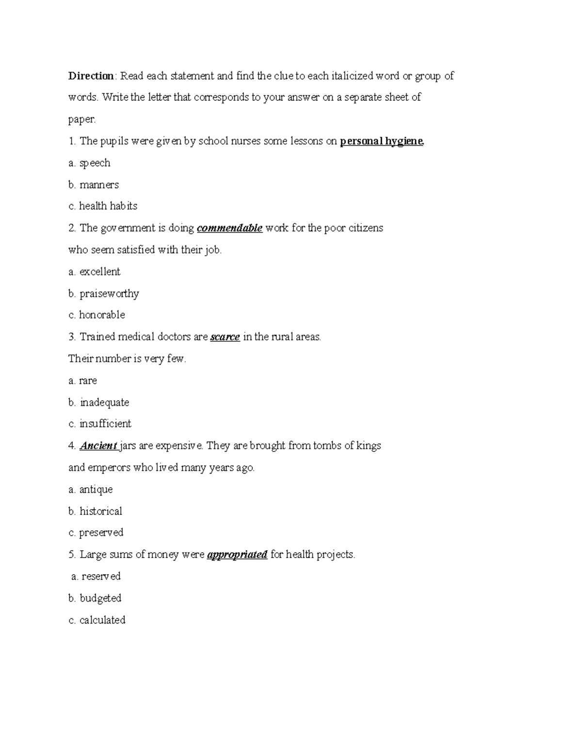 Activity 1 - Direction: Read each statement and find the clue to each ...