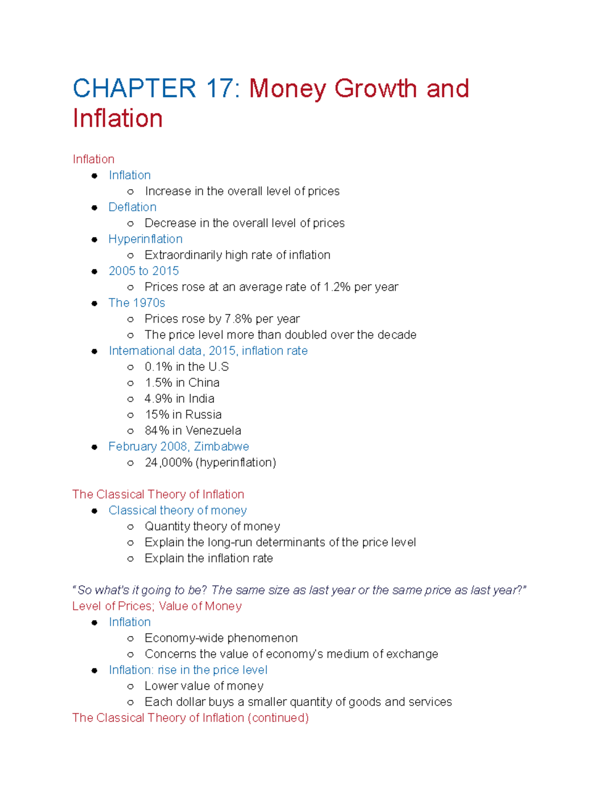 CH 17 - Money Growth and Inflation - CHAPTER 17: Money Growth and ...