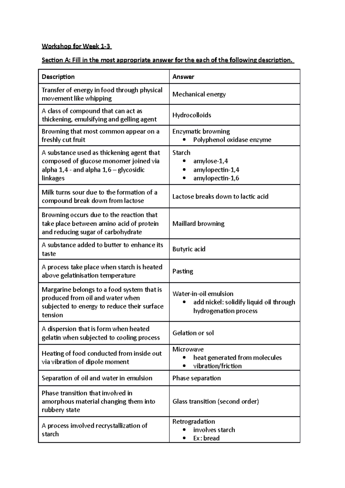 Week 1-3 Tutorial Work - Workshop for Week 1- Section A: Fill in the ...