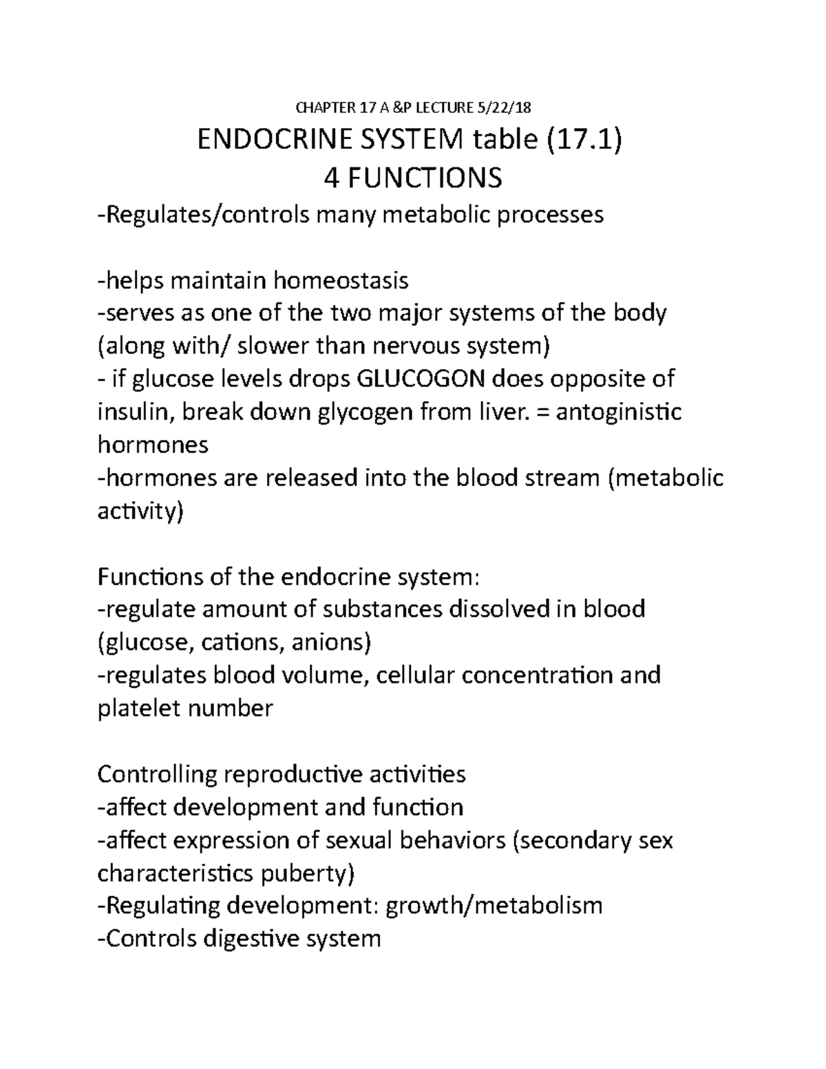 Chapter 17 Anatomy 5:22 - CHAPTER 17 A &P LECTURE 5/22/ ENDOCRINE ...