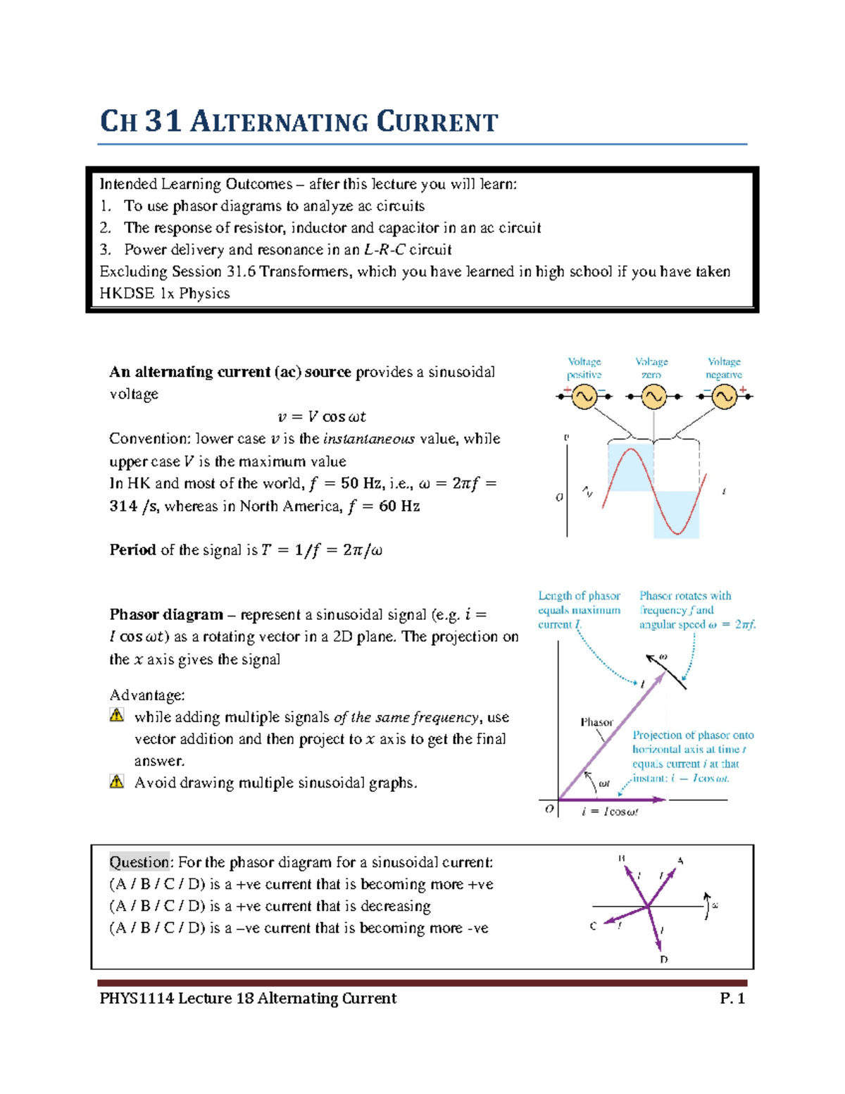 Lecture 18-ch31 - ALTERNATING CURRENT - CH 31 ALTERNATING CURRENT ...