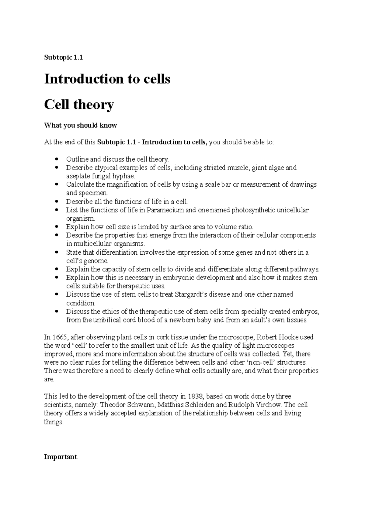 Topic 1 - Chemistry - Subtopic 1. Introduction to cells Cell theory ...