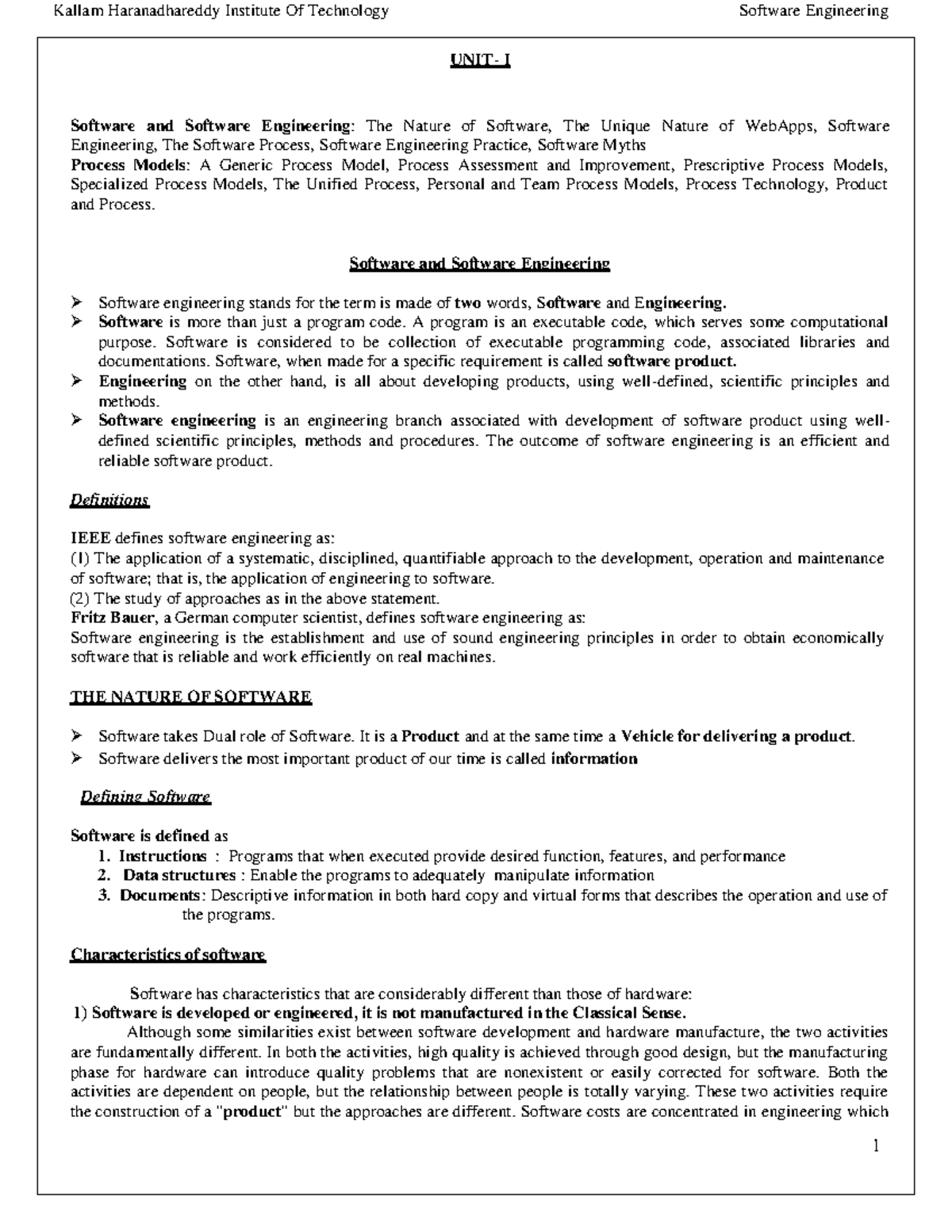 Se unit-1 - UNIT- I Software and Software Engineering: The Nature of ...