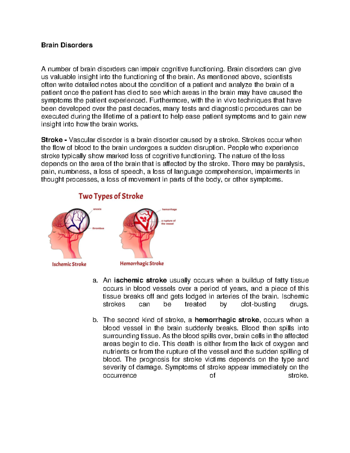 Complete Lecture Notes on Brain Disorders - Brain Disorders A number of ...