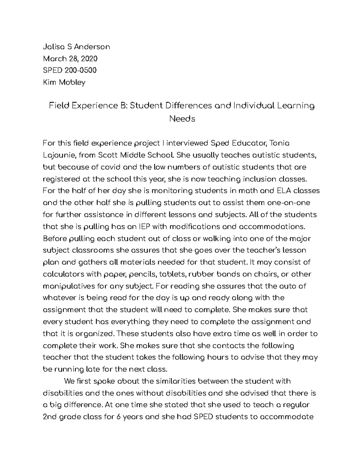 SPED 200-0500 Field Experience B Student Differences and Individual ...