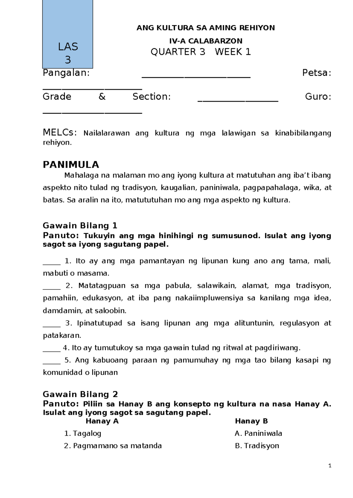 AP - Araling Panlipunan LAS - Pangalan: _______________________ Petsa ...