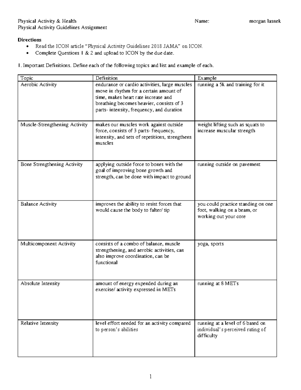 4 pa guidelines - Practice - 1 Physical Activity & Health Name: morgan ...