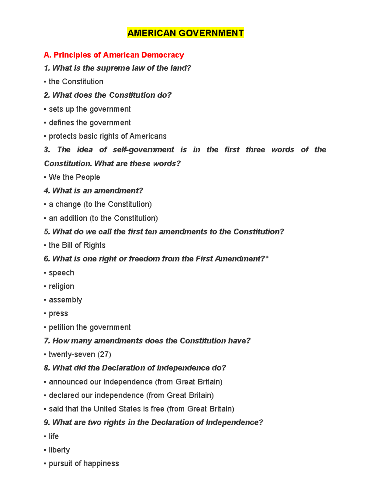 100 Questions about American C&S - AMERICAN GOVERNMENT A. Principles of ...