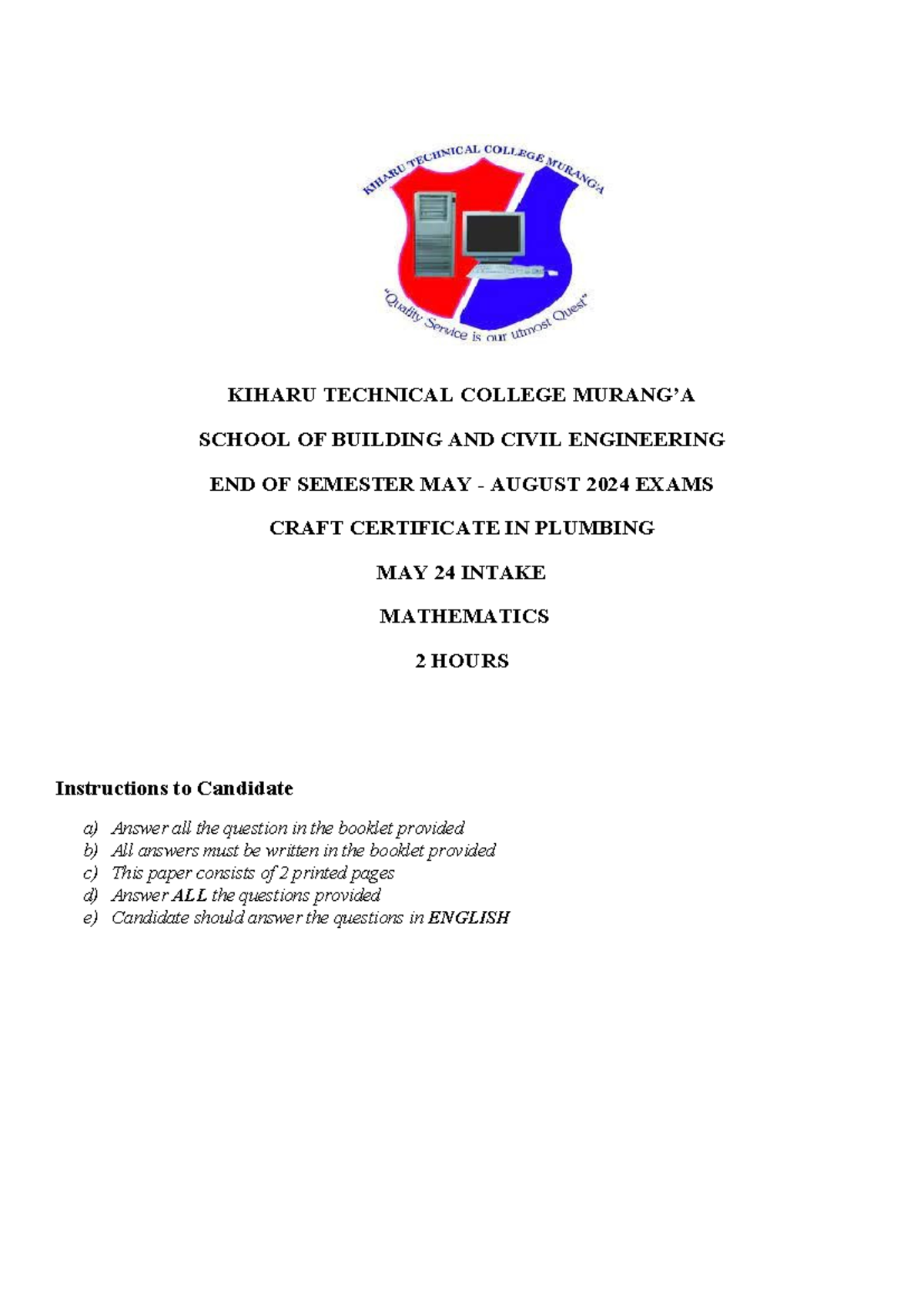 Maths plumbing for module 1 - KIHARU TECHNICAL COLLEGE MURANG’A SCHOOL ...