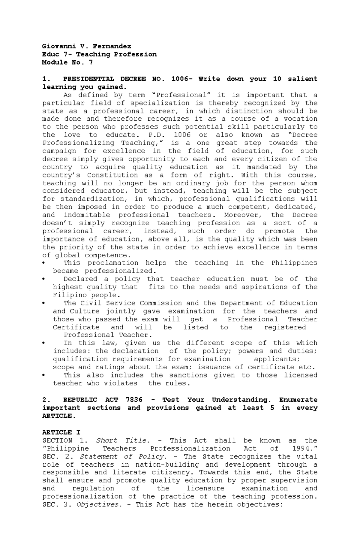 EDUC-7 - Learning Module No. 8 - Giovanni V. Fernandez Educ 7- Teaching ...