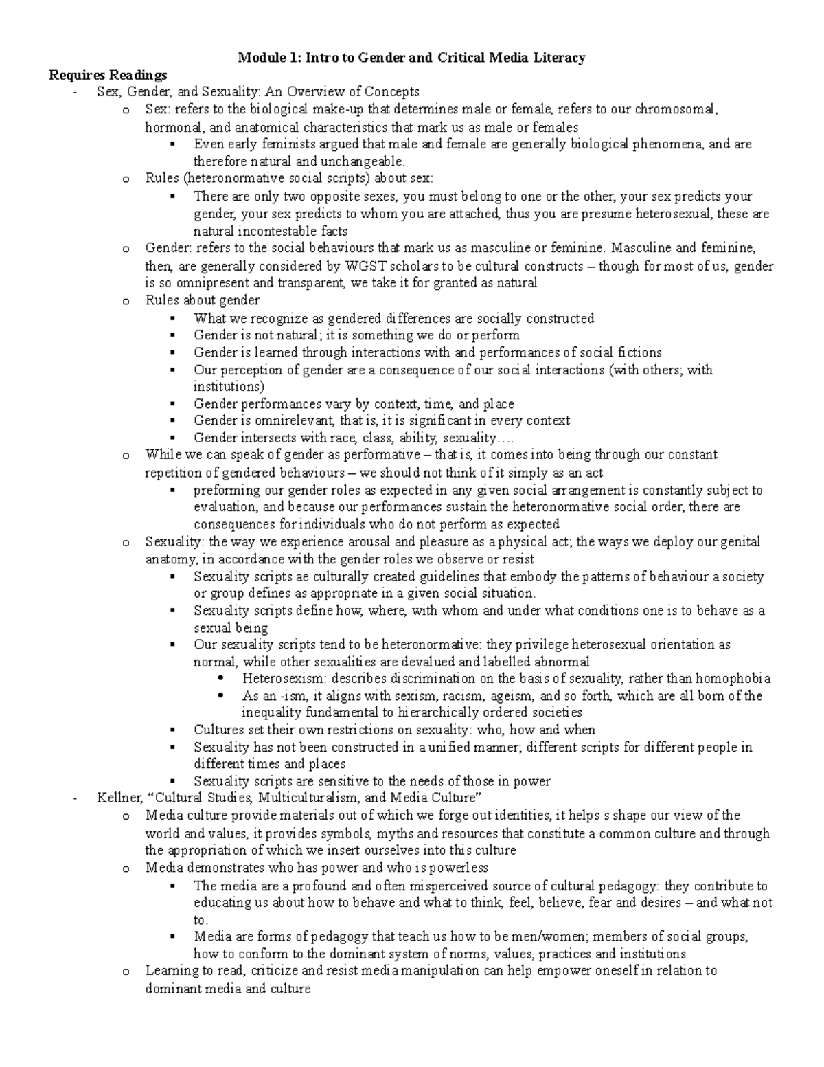 Module 1 - lecture notes - Module 1: Intro to Gender and Critical Media ...