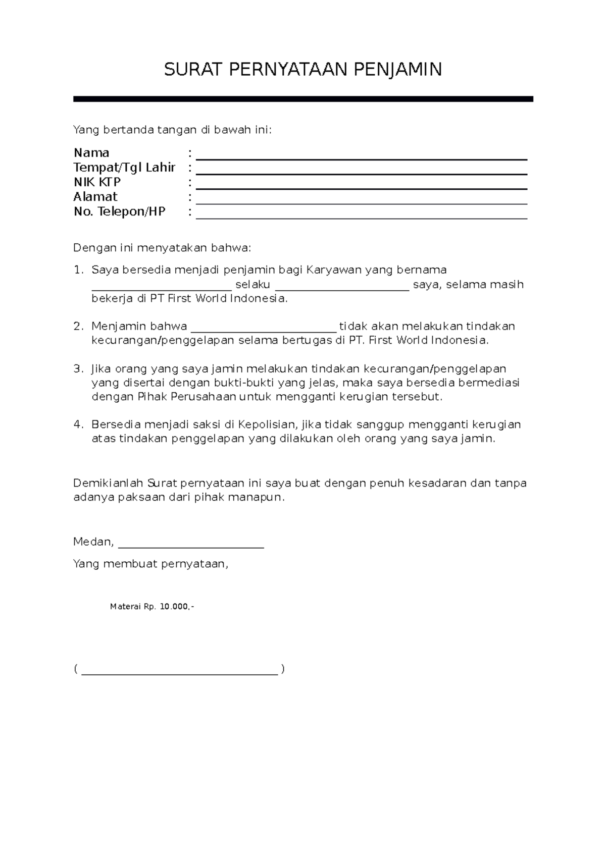 15. Surat Pernyataan Penjamin Karyawan - CopyS - SURAT PERNYATAAN ...