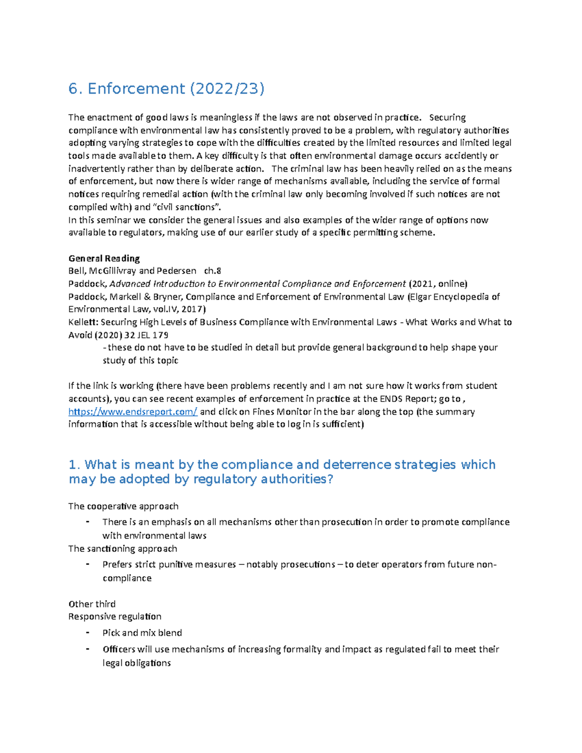 Sem 6 - enforcement - Seminar Environmental law - 6. Enforcement (2022/ ...