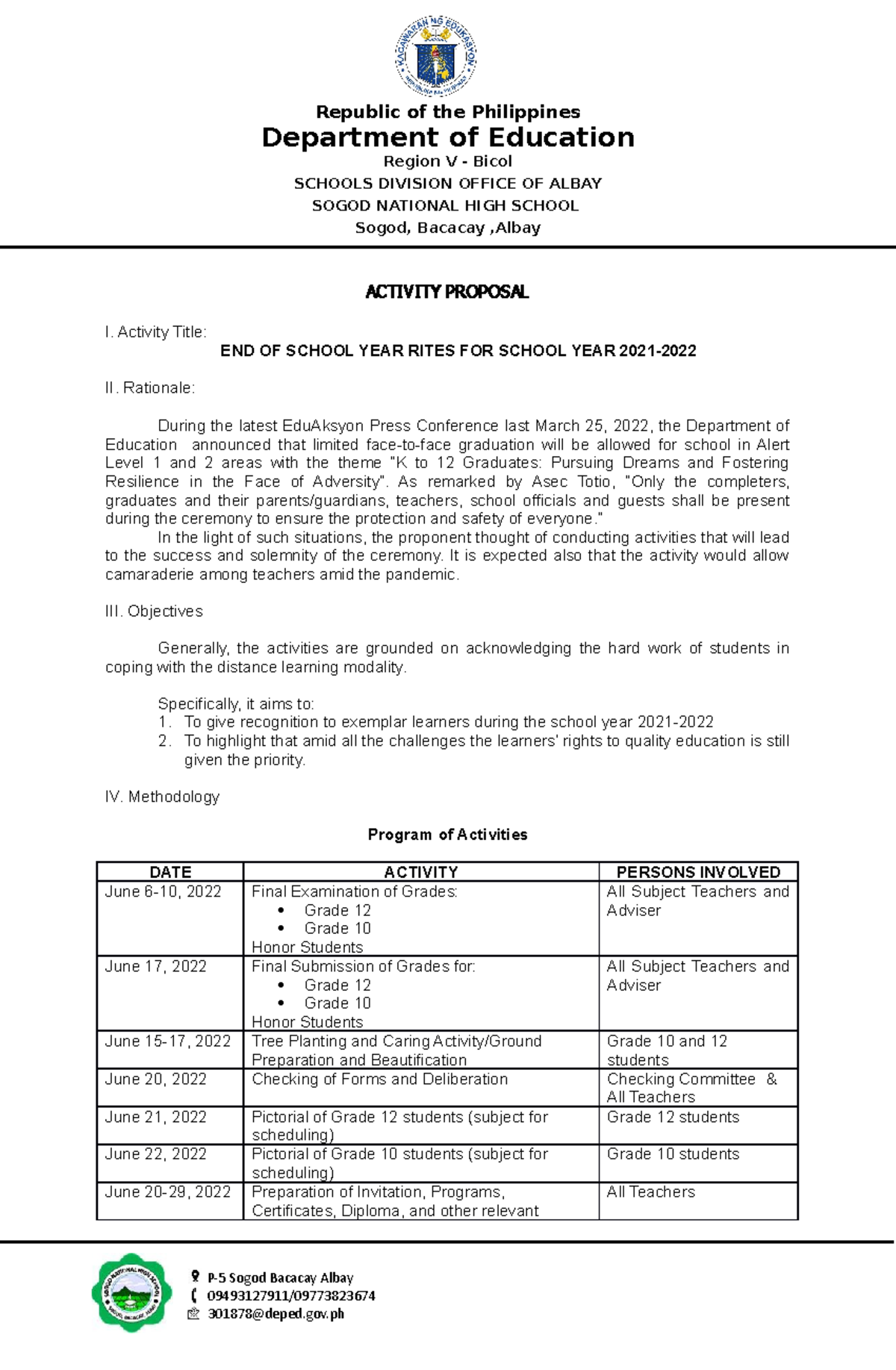 Graduation Day Project Proposal 2022 Republic Of The Philippines