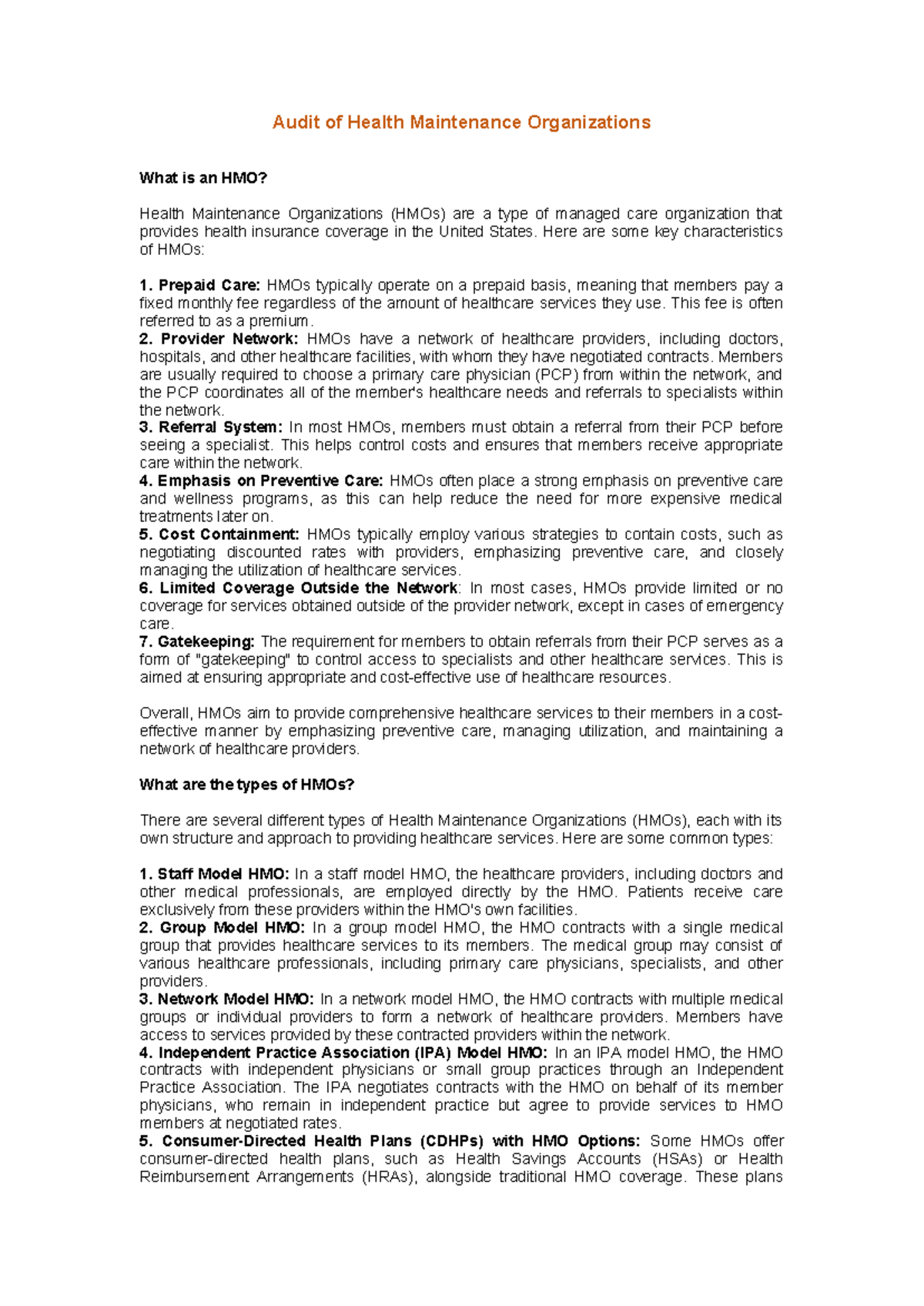 Audit of Health Maintenance Organization - Here are some key ...