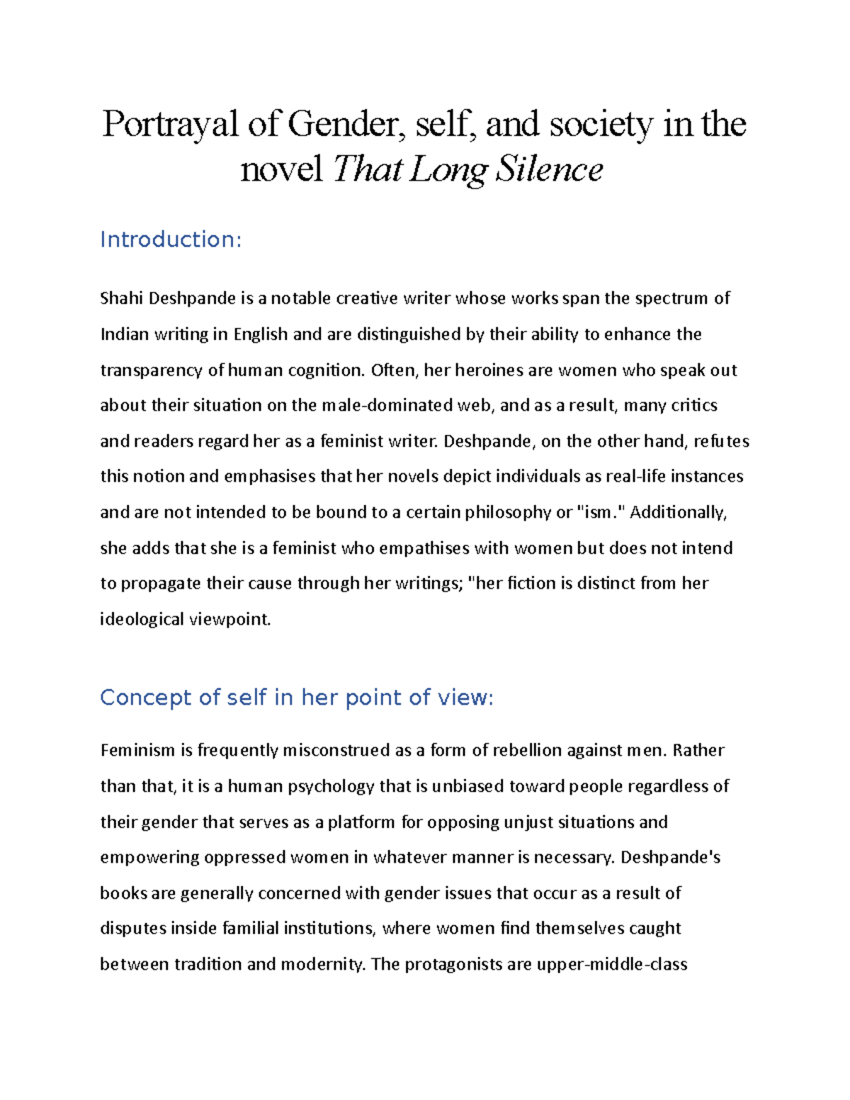 Portrayal of Gender, self, and society in the novel That Long Silence ...
