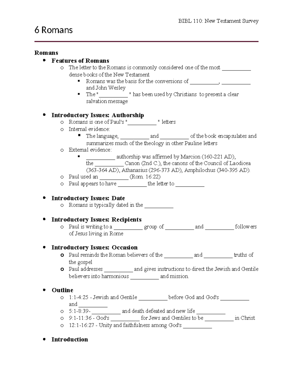 6 Romans - sdsdsdsdsd - BIBL 110: New Testament Survey 6 Romans Romans ...