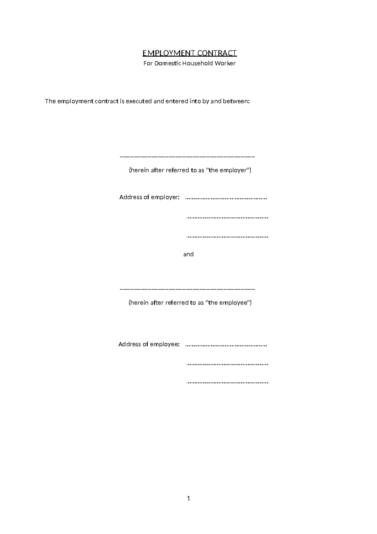Dom worker - Contracts Sample - EMPLOYMENT CONTRACT For Domestic ...
