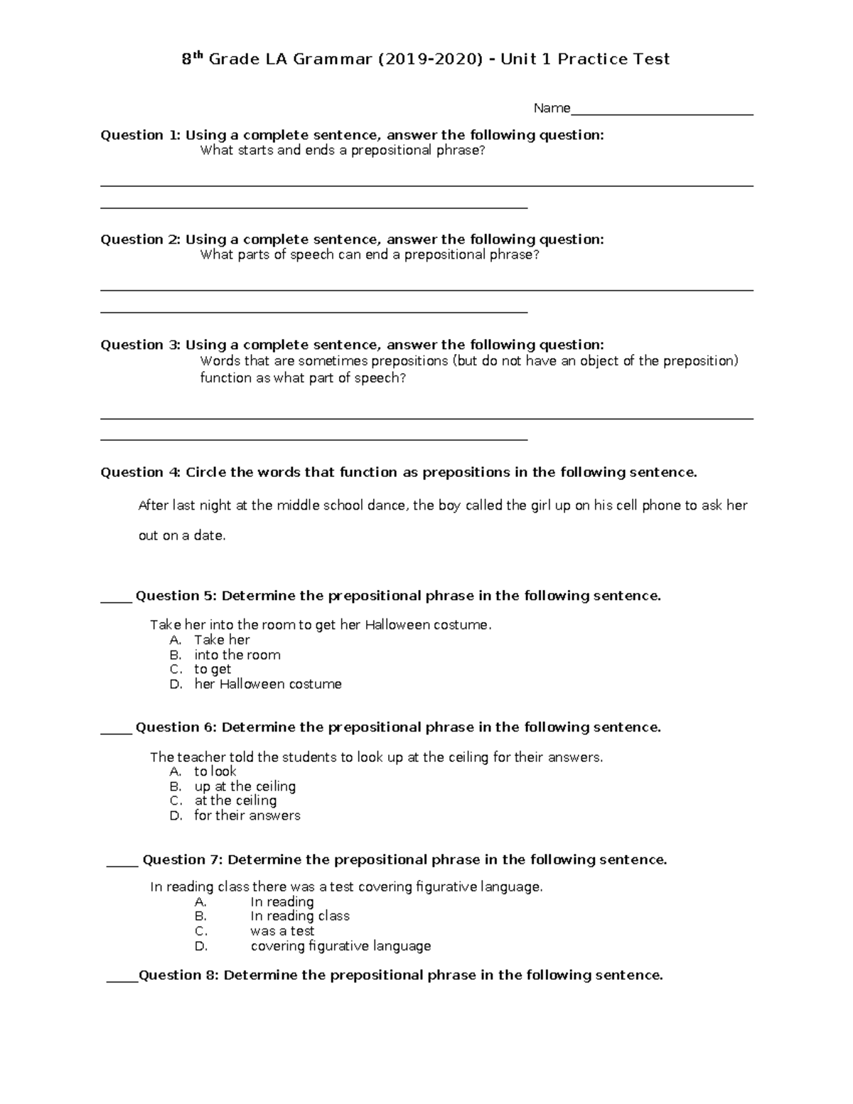 Grammar Practice Test (2019-2020)- Unit 1 - Name ...