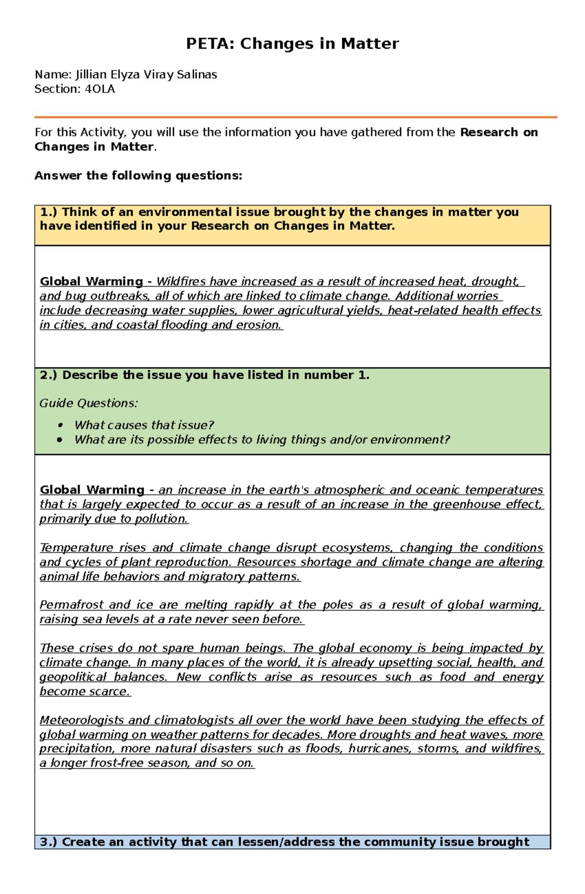PETA - Changes in Matter - PETA: Changes in Matter Name: Jillian Elyza ...