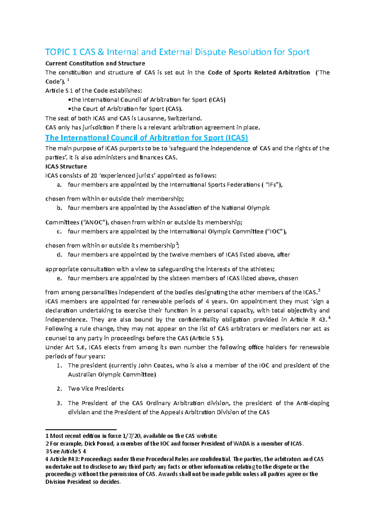 Sports Law Exam Notes - TOPIC 1 CAS & Internal and External Dispute ...