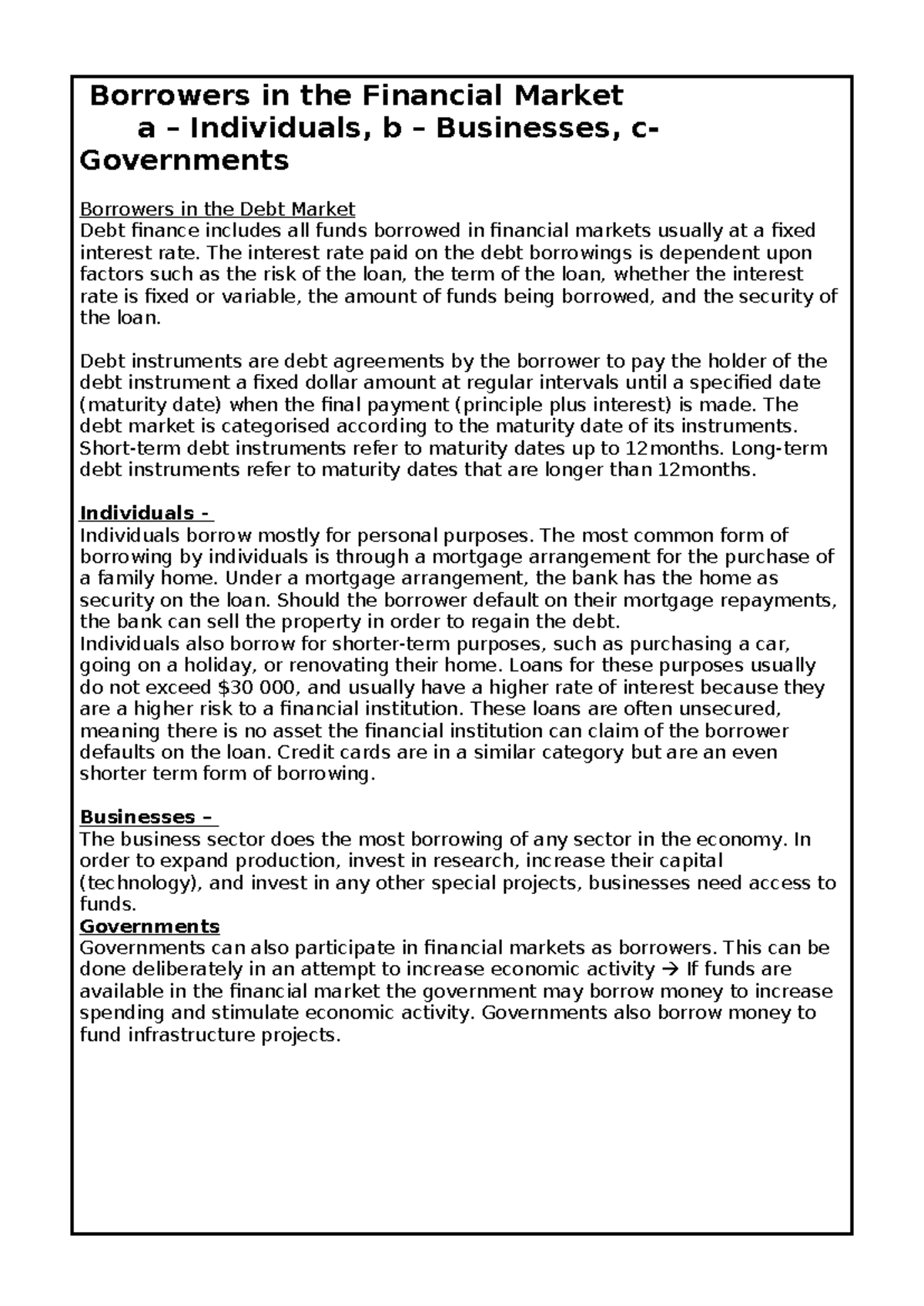 Borrowers in the Financial Market Worksheet - Borrowers in the ...