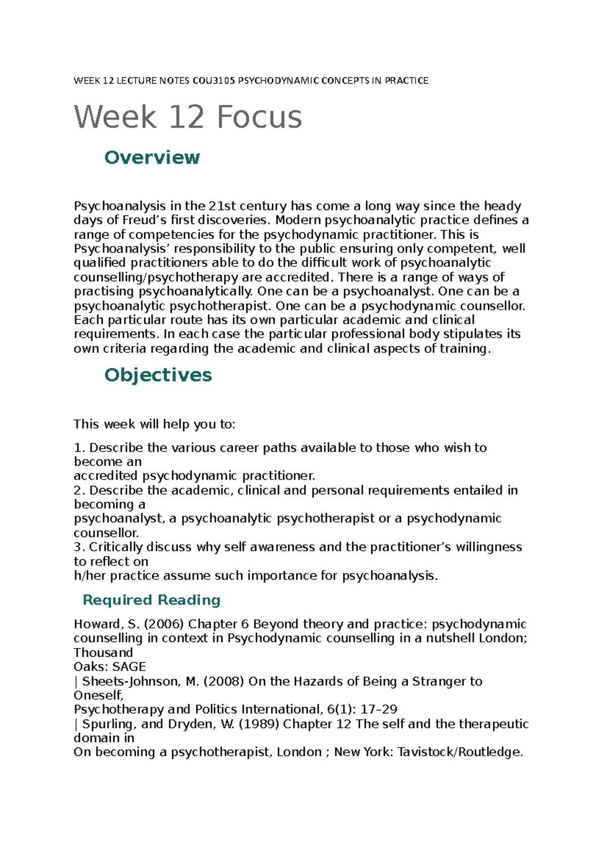 WEEK 12 Lecture Notes COU3105 Psychodynamic Concepts IN Practice - WEEK ... WEEK 12 Lecture Notes COU3105 Psychodynamic Concepts IN Practice - WEEK ...