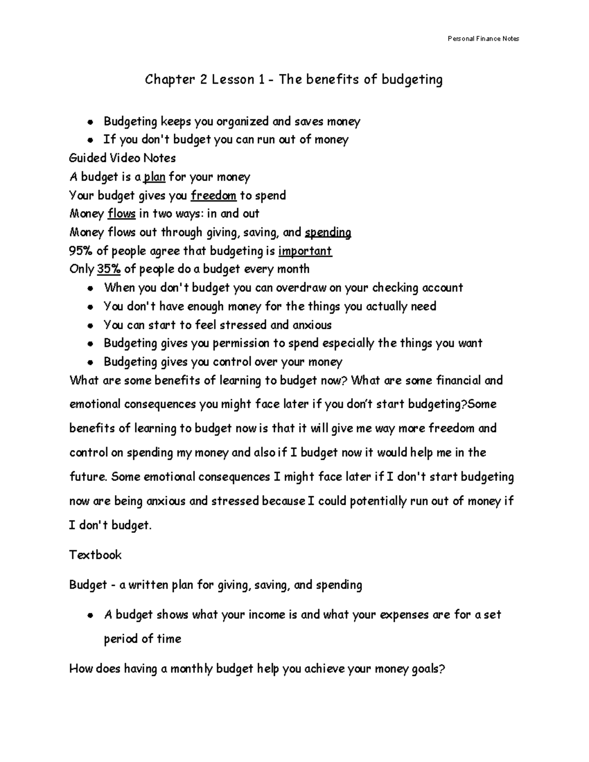 Personal Finance Notes Ch. 2 - Morgan Horton 22-23 - Chapter 2 Lesson 1 ...