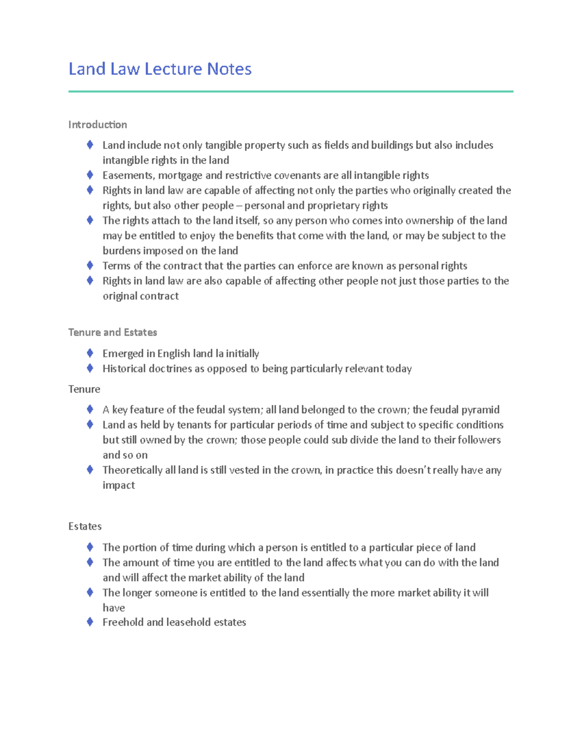 Land Law Lecture Notes - Land Law Lecture Notes Introduction Land ...
