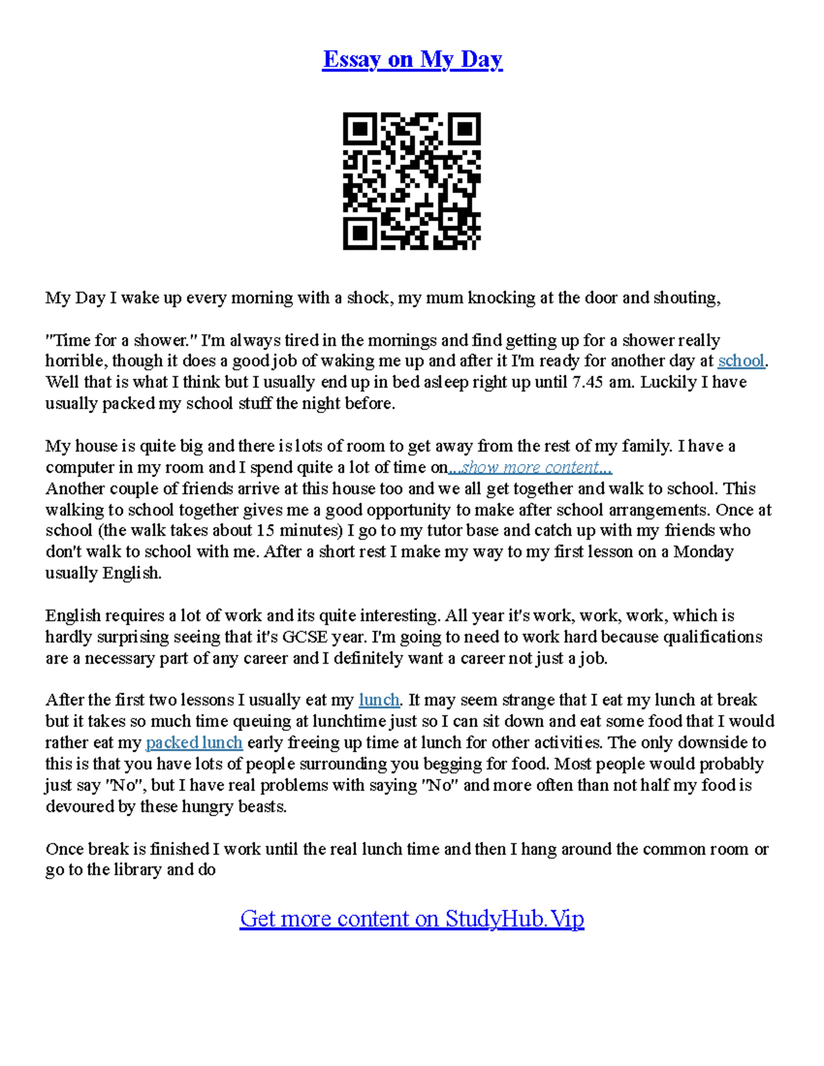 Essays Examples English - Essay on My Day My Day I wake up every ...