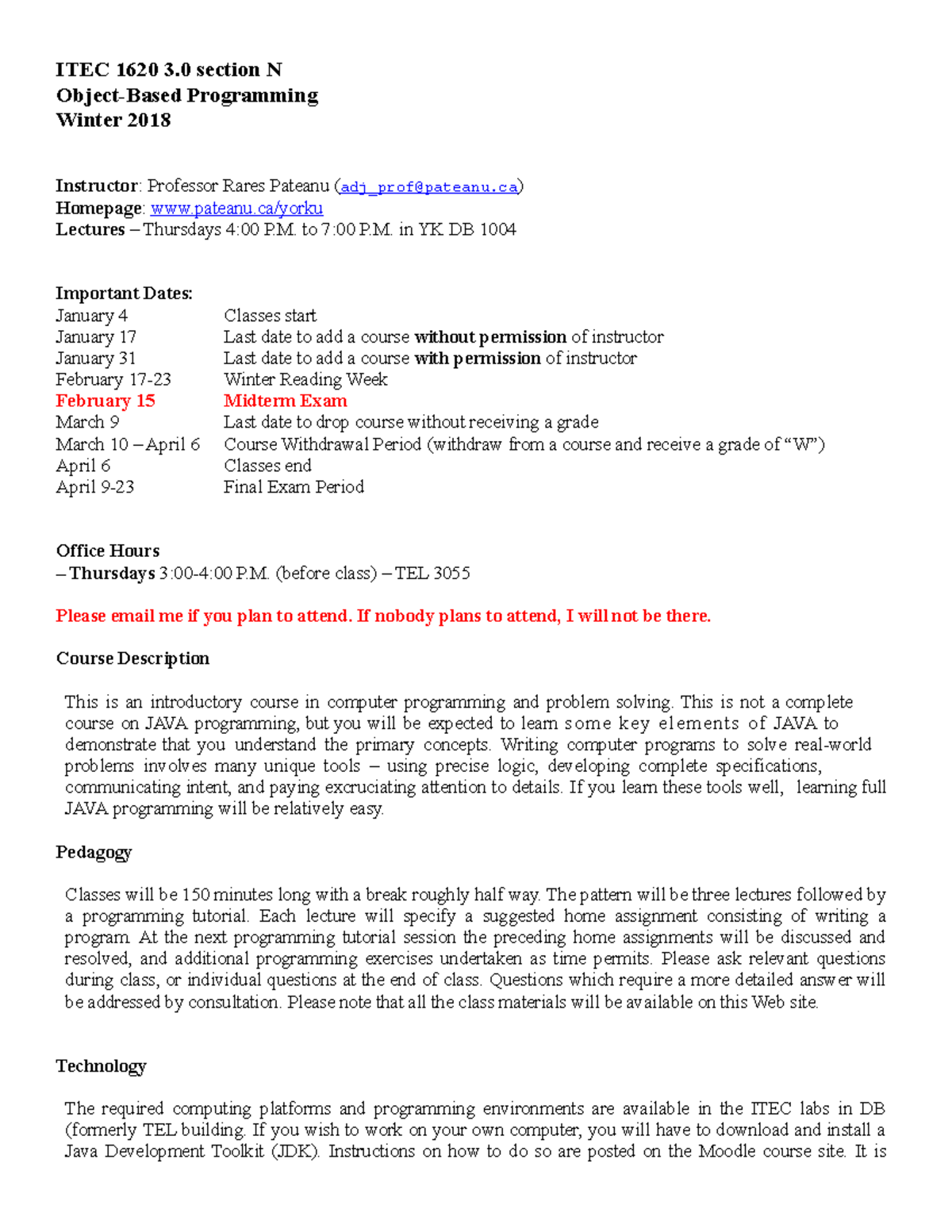 ITEC 1620 3.0N Course Outline - ITEC 1620 3 section N Object-Based Programming Winter 2018 - Studocu