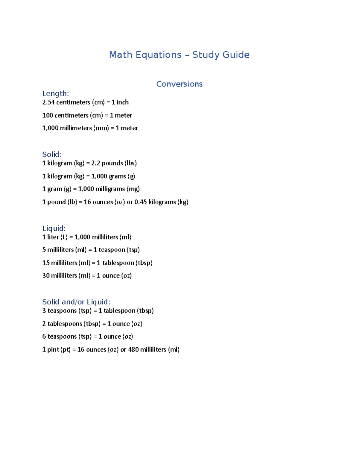 Math Conversions - practice - MATH 126 - CSN - Studocu