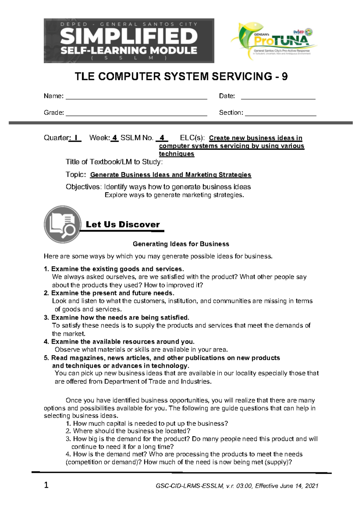 SSLM CSS9 Q1 WEEK4 - tvl/tle - TLE COMPUTER SYSTEM SERVICING - 9 Name: - Studocu