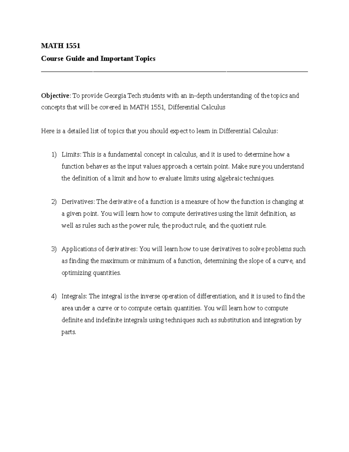 MATH 1551 Topics List - MATH 1551 Course Guide and Important Topics ...