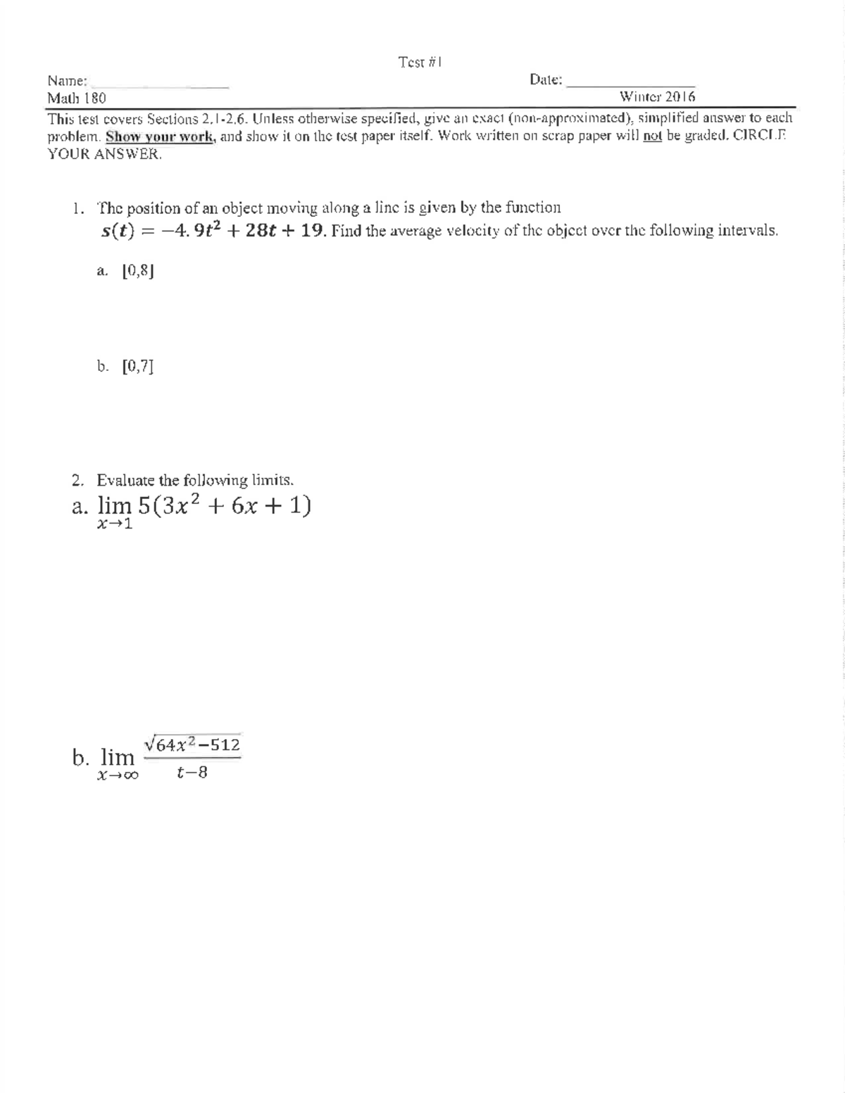 Old Exam Calculus 1 - old exam calc 1 - Test Name: Date: Math 180 ...