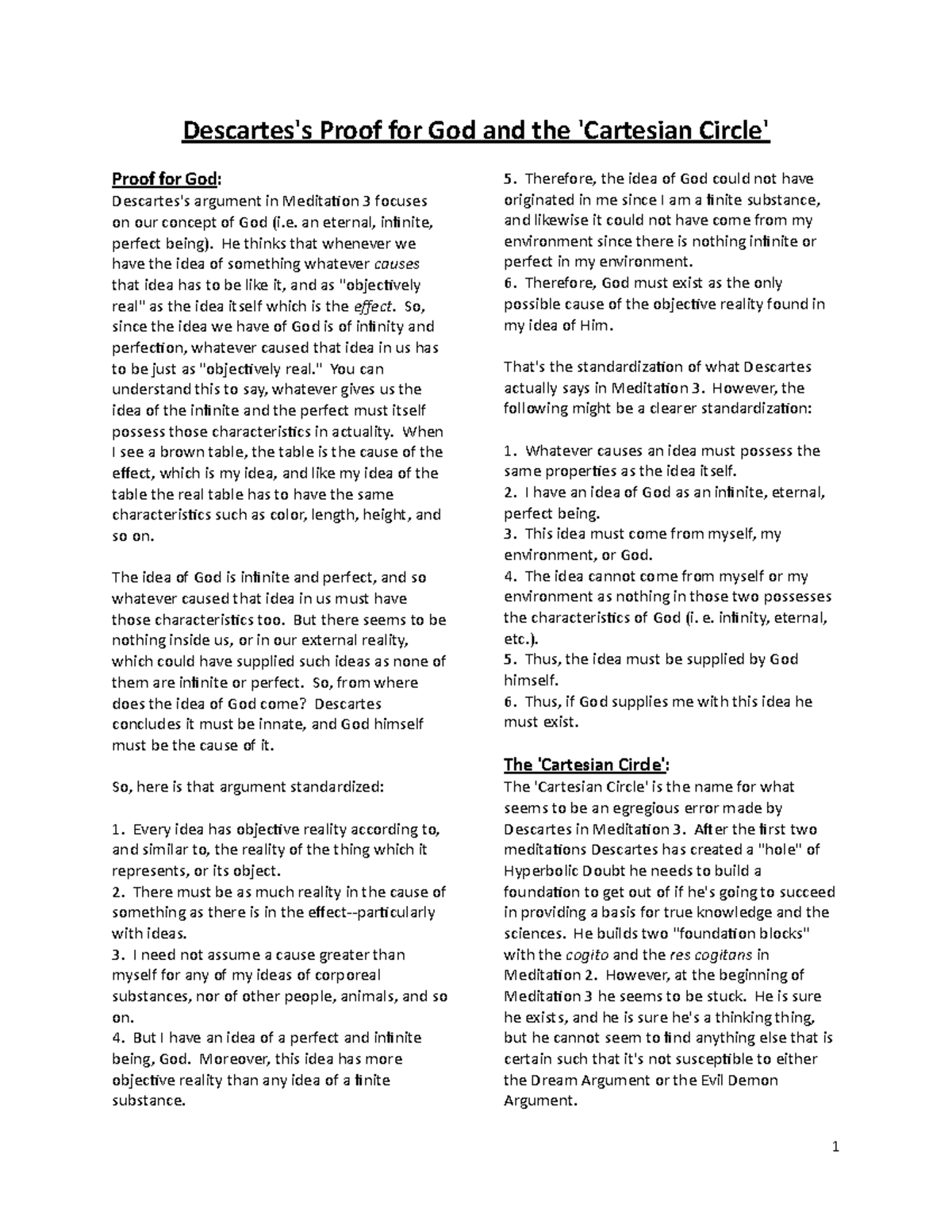 Descartes Handout - Descartes's Proof for God and the 'Cartesian Circle ...
