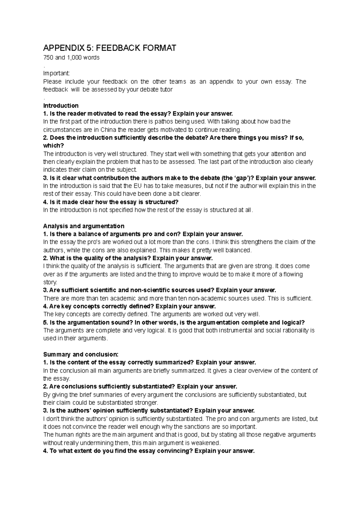 Review China - Feedback - APPENDIX 5: FEEDBACK FORMAT 750 and 1,000 ...