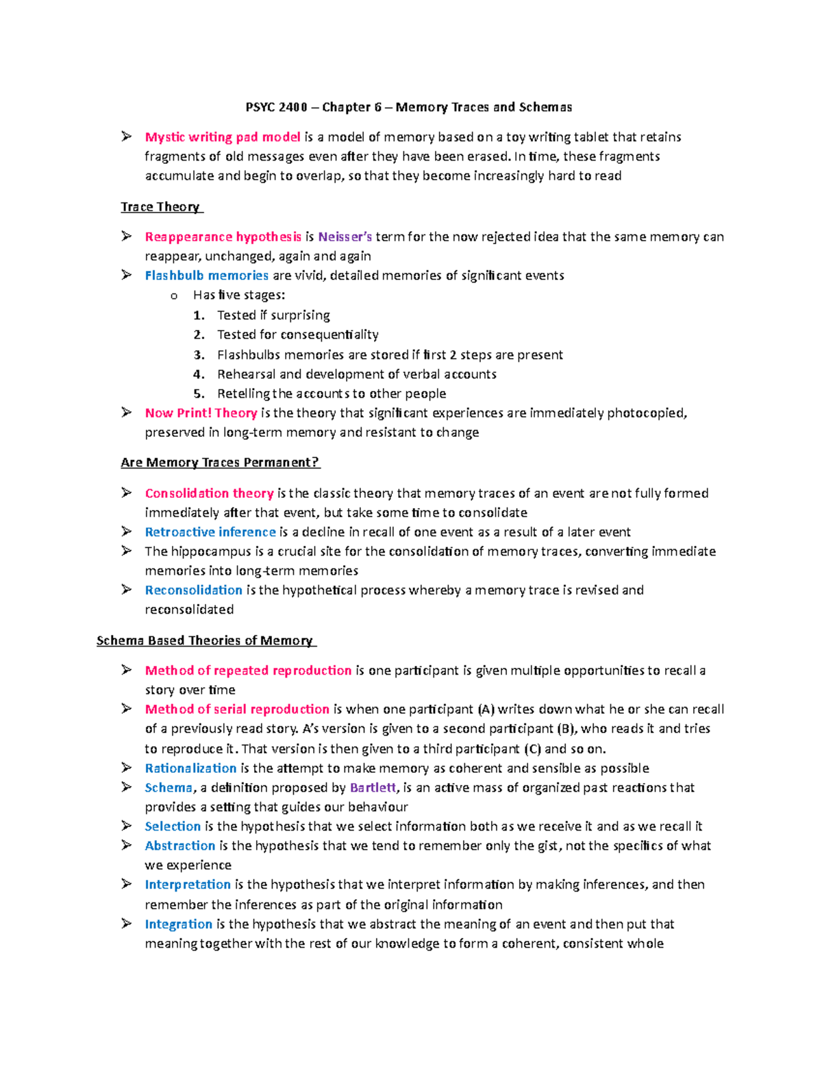 PSYC 2400 – Chapter 6 – Memory Traces and Schemas - PSYC 2400 – Chapter 6 – Memory Traces and ...