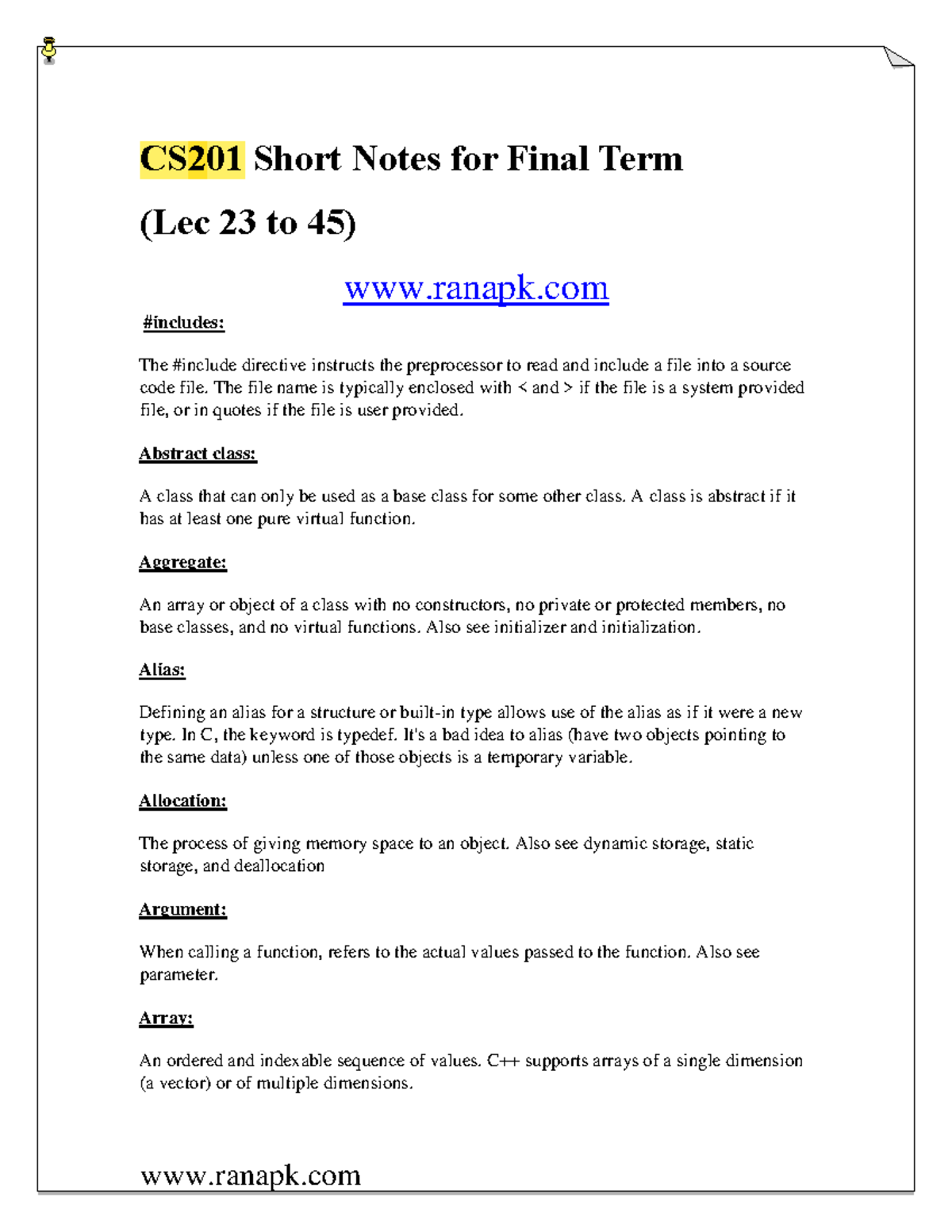 CS201 Short Notes Final Term - CS201 Short Notes for Final Term (Lec 23 ...