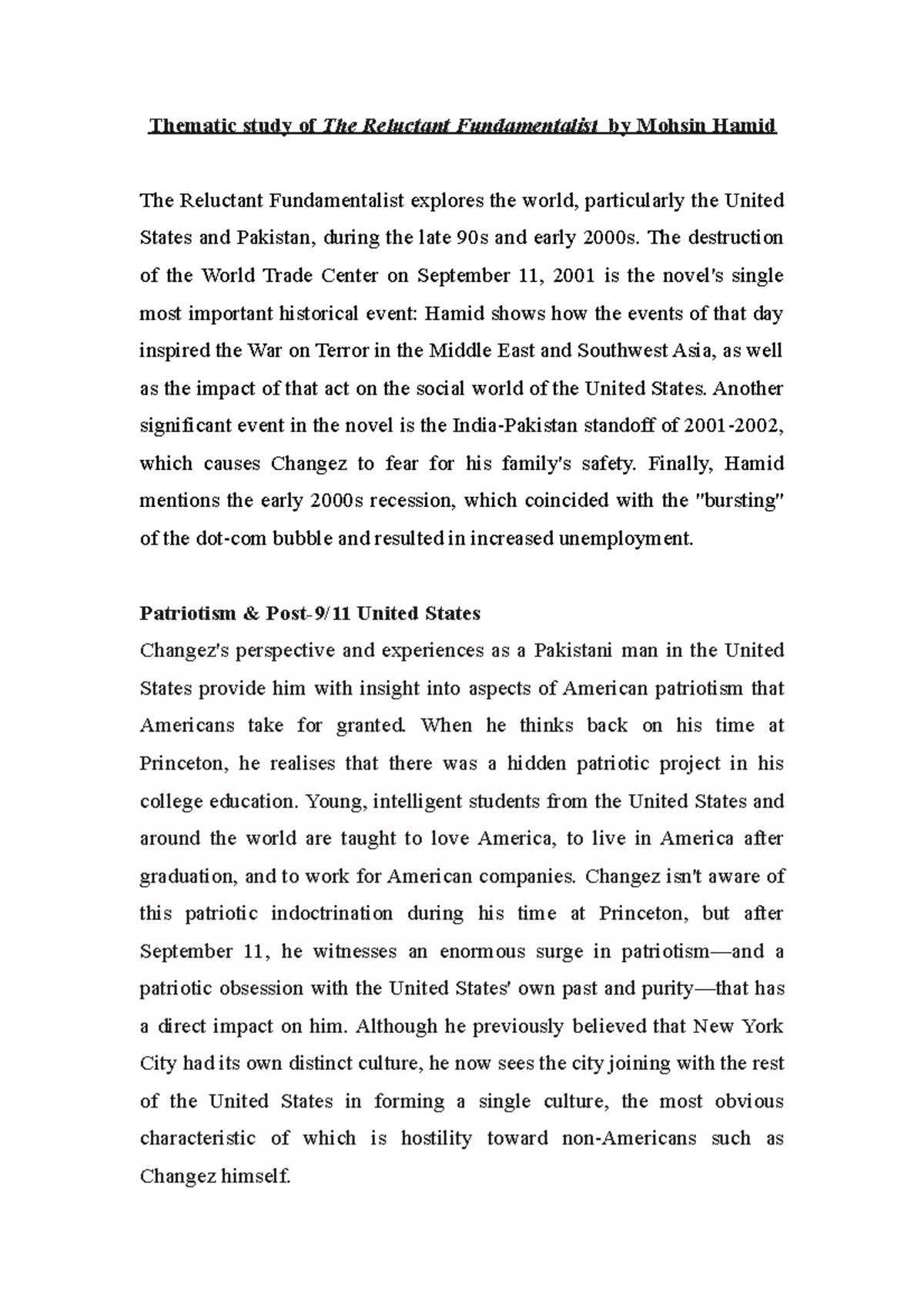 Thematic study of The Reluctant Fundamentalist by Mohsin Hamid - South ...