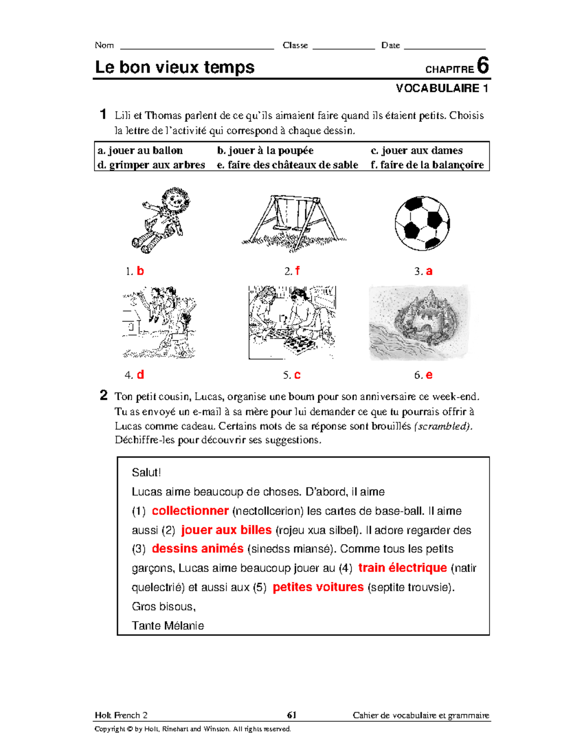 Cahier vocabulaire ch 6 - Holt French 2 61 Cahier de vocabulaire et ...