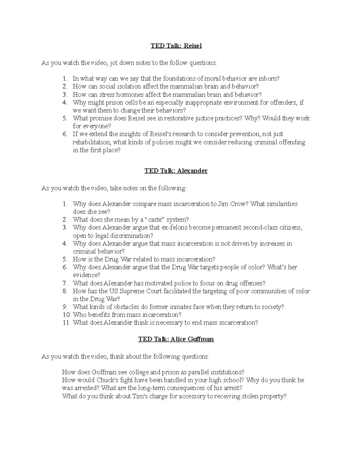 Criminology All TED Talk Questions - TED Talk: Reisel As you watch the ...